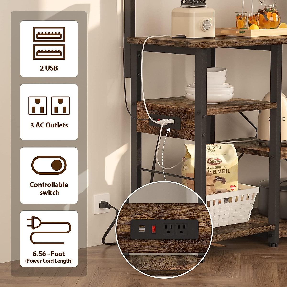 Topfurny Bakers Rack with Power Outlets and Led Lights, Coffee Station, Kitchen Storage Shelf, 7-Tier Microwave Stand Cart Coffee Bar Table Organizer, for Spice, Pots and Pans Organizer, Rustic Brown