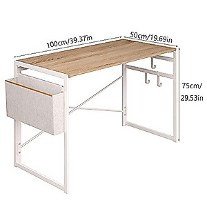 JSB 39.4" Small Folding Computer Desk with Storage Bag and Hook, Writing Desk Modern Industrial Work Table Laptop Desk for Home Office (Natural and White)