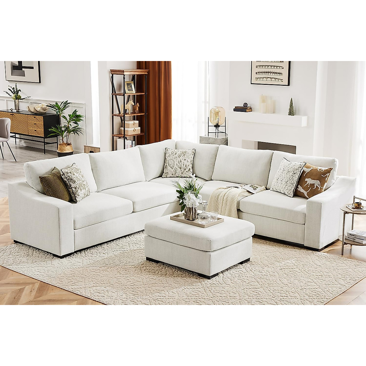 ABCASA 112" L Shaped Sectional Sofa with Detachable Sofa Cover, Movable Ottoman, Reversible Sectional Modular Couch for Living Room, Linen Fabric Corner Couch with 7 Seats, Ivory