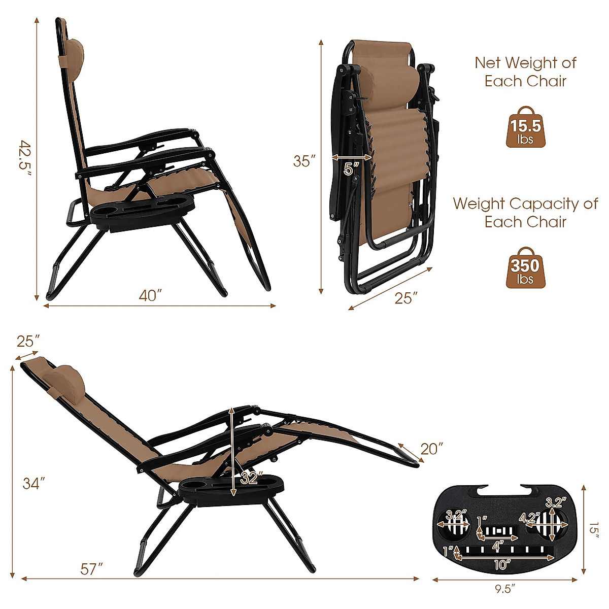 renatone Folding Zero Gravity Reclining Textilene Lounge Chairs, Outdoor Adjustable Patio w/Pillows & Cup Holder Trays for Backyard, Beach, Poolside (BE)