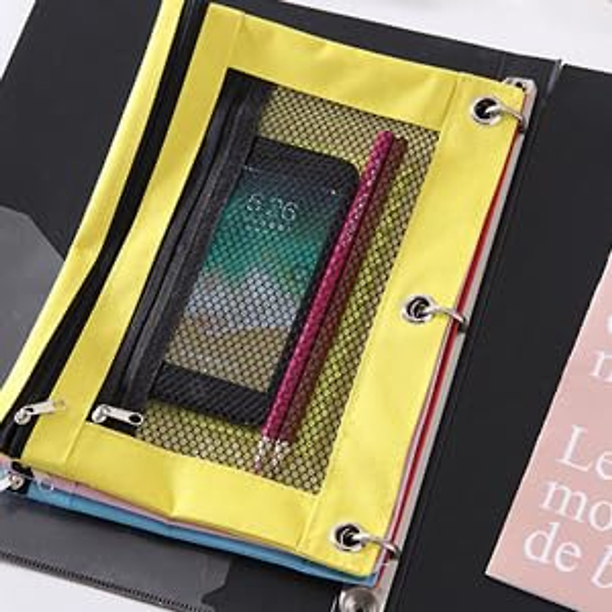 SORDIM 3 Ring Binder Pencil Pouch, 2 Pack Pencil Pouches with Zipper-Pencil Case with Double Pocket and Mesh Window (pink and grey)