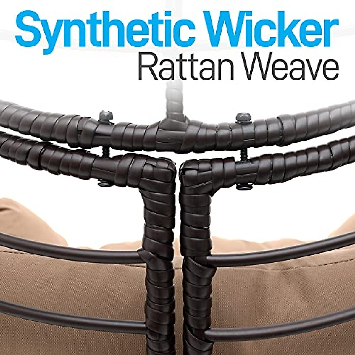 SereneLife Hanging Egg Indoor Outdoor Patio Wicker Rattan Lounge Chair with Stand, Steel Frame, UV Resistant Washable Cushions for Garden Backyard Deck Sunroom, Black+Brown