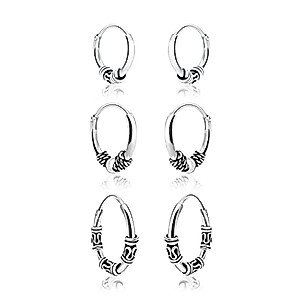 Hoops & Loops 925 Sterling Silver Set of 3 Pairs 10mm, 12mm & 14mm Bali and Bali Bead Endless Hoop Earrings for Women Teen Girls Men, Silver
