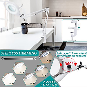 10X Desk Magnifying Glass with Light and Clamp, NUEYiO 2,200 Lumen Super Bright Stepless Dimming LED Lighted Magnifier, 8-Diopter Real Glass Lens, Adjustable Arm Magnifying Lamp for Craft Repair-White