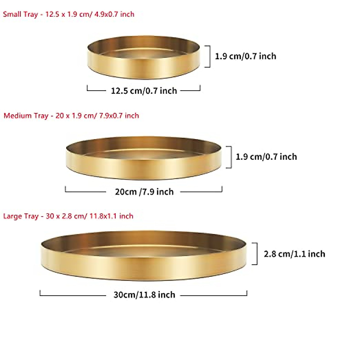 Gold Round Trays, Stainless Steel Metal Serving Tray, Home Decorative Bathroom Vanity Counter Top Organization Storage Tray for Jewelry/ Cosmetic/ Kitchen Tableware