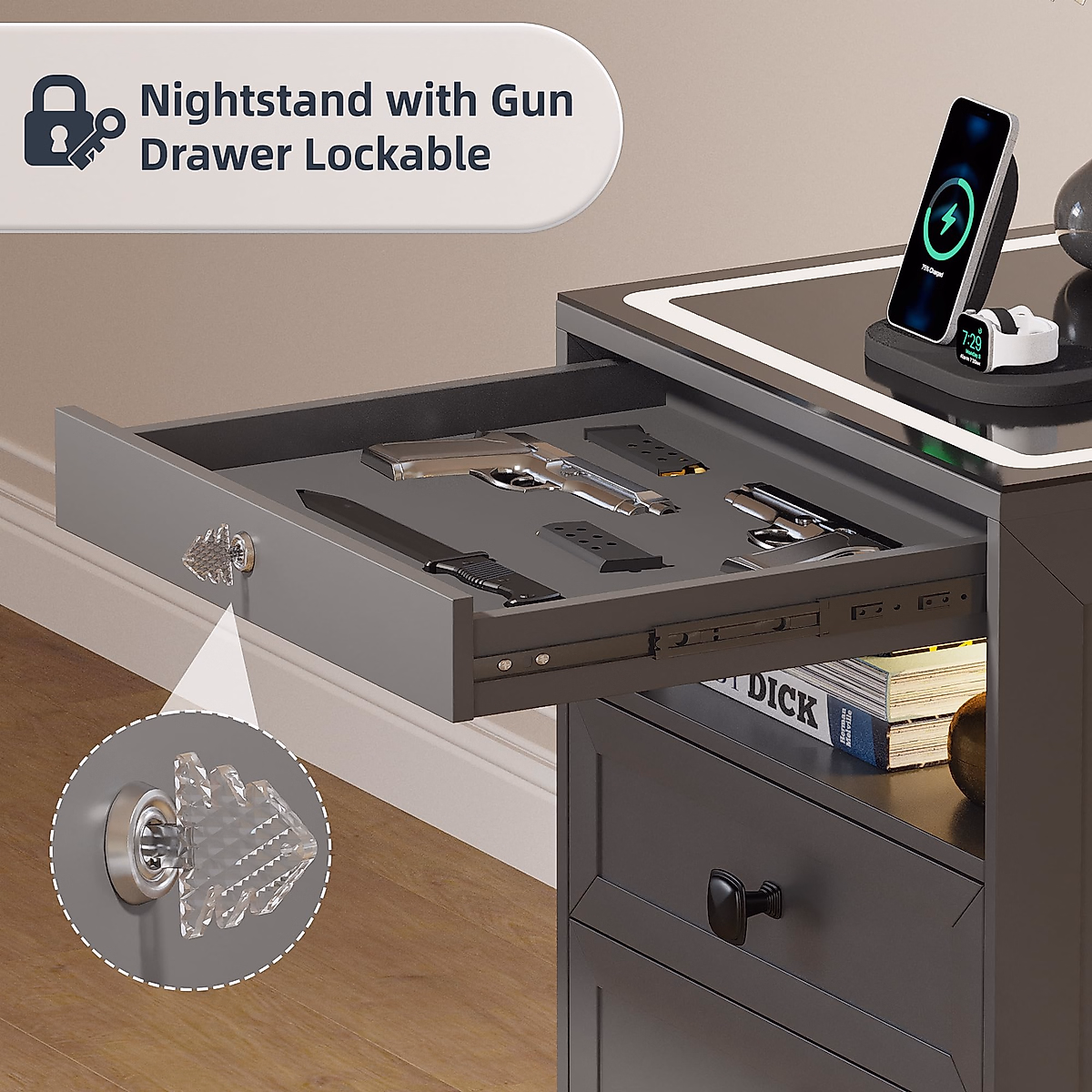 Lvifur RGB Nightstand with Gun Drawer, Glass Top Bedside Table with Wireless Charger Station, LED Night Stand with Human Sensor Design, Modern End Table for Bedroom Living Room (Grey)