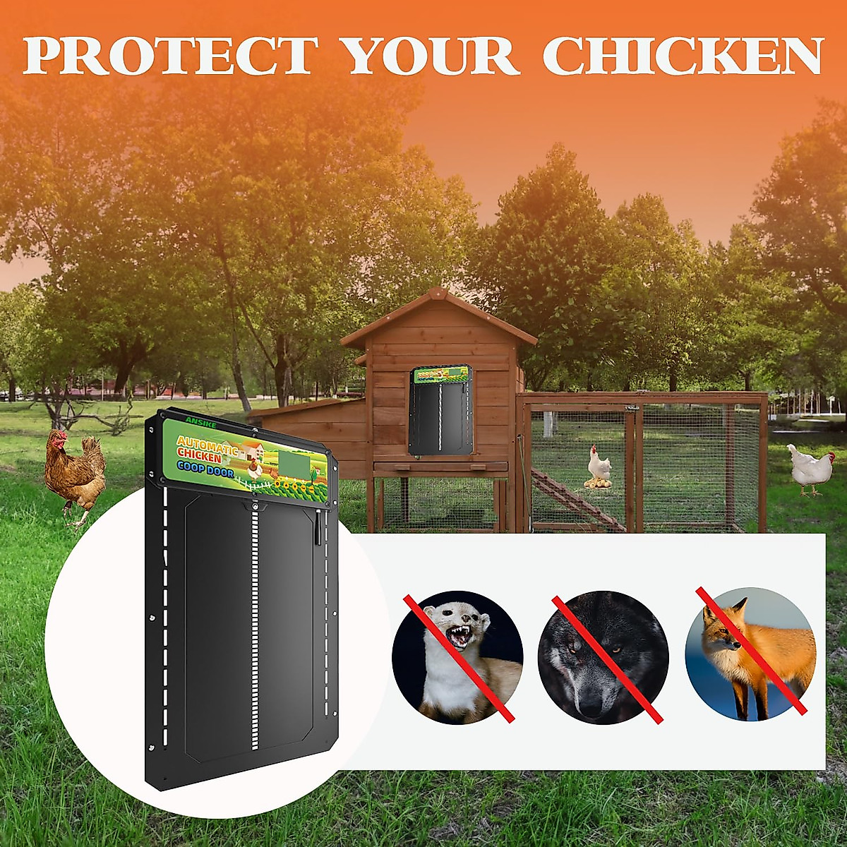 ANSIKE Automatic Chicken Coop Door APP Control Aluminum WiFi Chicken Coop Door Opener with Timer Programmable Light Sensor Poultry Remote Control 4 Power Supply Methods, Built-in Battery Black
