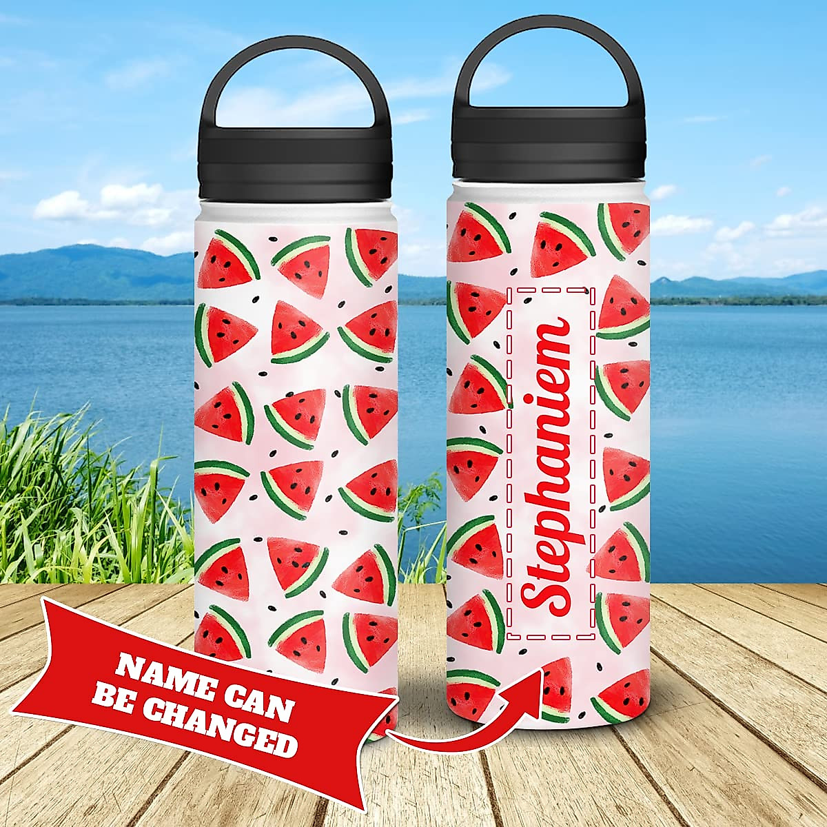 winorax Personalized Watermelon Pattern Design Water Bottle Stainless Steel 12oz 18oz 32oz Sports Bottles for Kids Women Girls Funny Gift for Back To School Summer Birthday Christmas