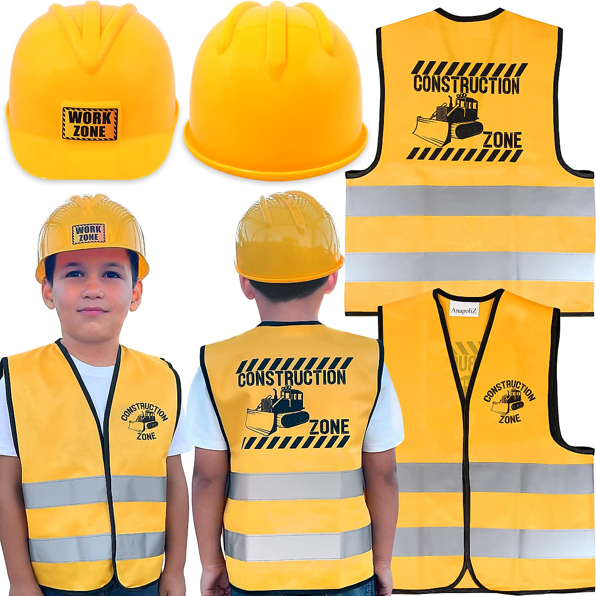 AnapoliZ Kids Construction Vest plus Hat Set | 2 Pcs Kids Construction Worker Vest & Hat Dress Up | Yellow Reflective Vest Construction, plus Yellow Plastic Childrens Hard Hat | Construction Costume