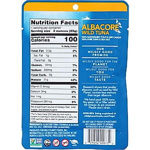 Wild Planet Wild Albacore Tuna, Sea Salt, Sustainably Wild-Caught, Kosher, Gluten Free, Keto and Paleo, 3rd Party Mercury Tested, 3 Ounce Pouch (Pack of 1)