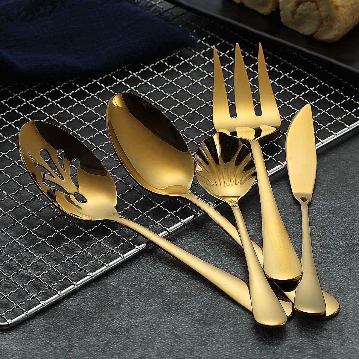 Berglander Stainless Steel Golden Titanium Plated Flatware Serving Set 6 Pieces, 5 Serving Pieces of 45 Pieces Flatware with 1 Cake Server, Golden Serving Silverware Set (Shiny Golden)