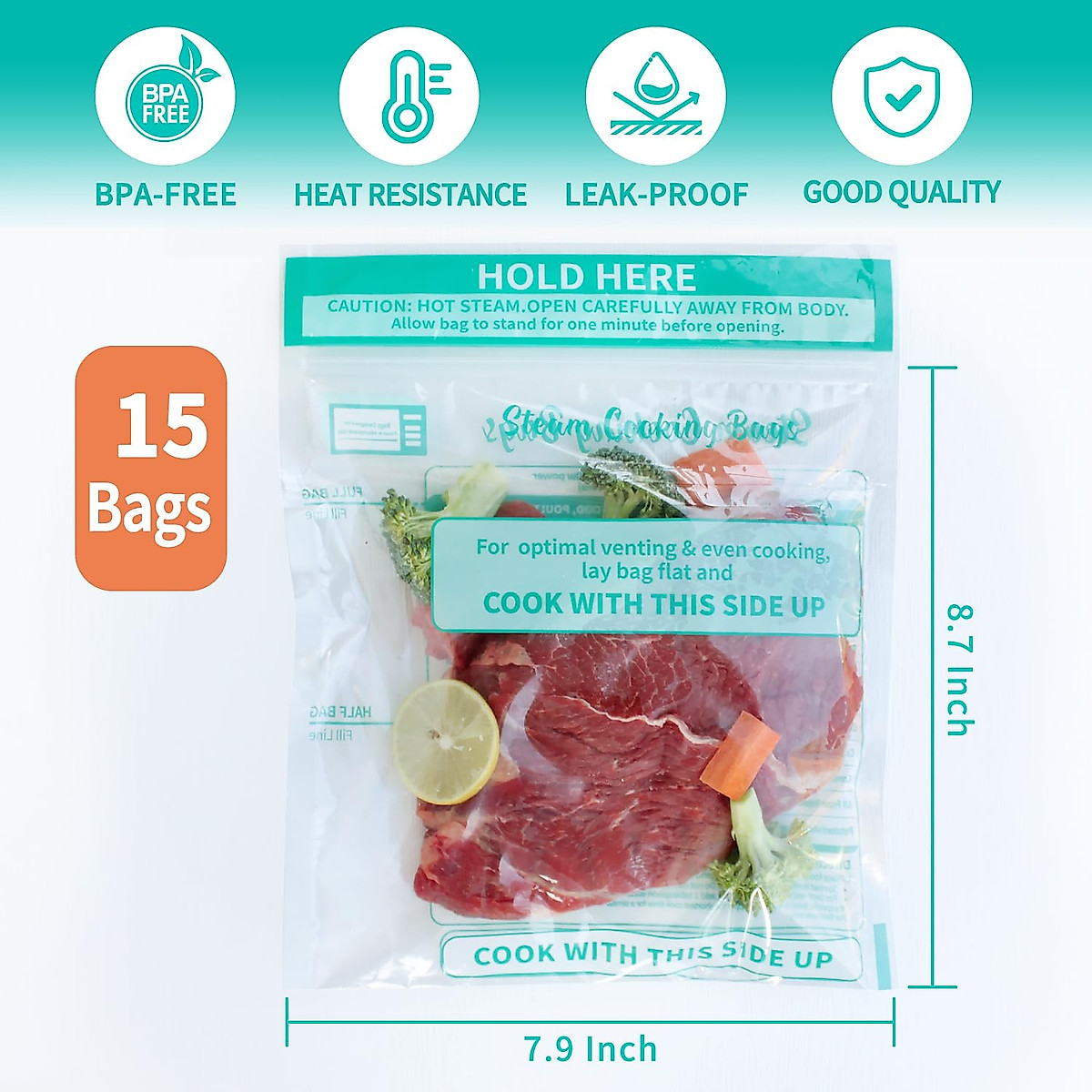 WRAPOK Microwave Steamer Bags 15 Pack Zip Steam Vegetable Cooking Bag for Potatoes Meat, 7.9 X 8.7 Inches