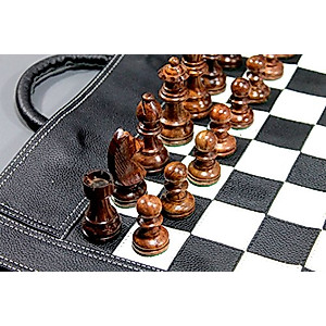 StonKraft - 19" x 15" (Playing Area 12" x 12") Genuine Roll-Up Leather Chess Set - with Wooden Chess Pieces - Black Colour | Comes with Innovative Carry Pouch