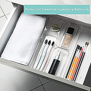HighFree 24 Pcs Clear Desk Drawer Organizer Tray with 5-Size, Plastic Bathroom Makeup Drawer Dividers, Versatile Organizer Container Storage Bins for Kitchen,Office,Dresser & Cabinet