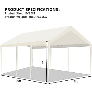 Carport Canopy 10' x 20' Outdoor Carport with Ball Bungees 600D Oxford Tearproof Replacement Canopy Tent Top Garage Shelter Cover Waterproof & UV Protection，Not Included Frame 22pound Heavy