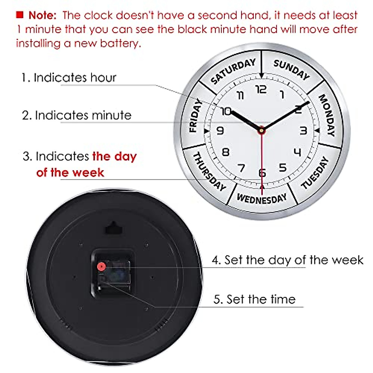 Lafocuse Silent Retirement Clock Day of The Week Wall Clock for Home Decor,Brushed Metal Frame Day Clocks for Seniors 12 Inch Living Room Bedroom Office-Without a Second Hand