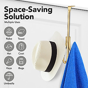 LEVAF 2-Pack Over The Door Hook - with 3 Hang Heads & Snug Fit Pads- 2Pcs Heavy Duty Hooks for Hanging Coats, Towels, Caps & Robes - Elegant Matt Finish - No Drill Hanger Organizer - Gold