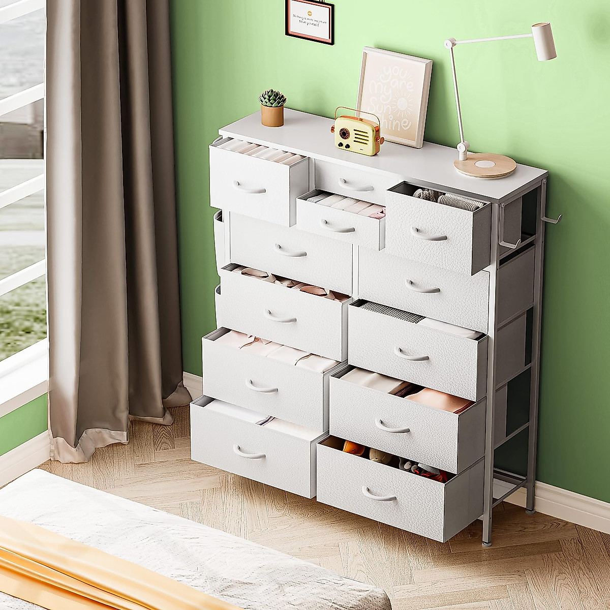 YaFiti Dresser for Bedroom with 12 Drawers, Chest of Drawers with Side Pockets and Hooks, PU Fabric Dresser Drawers for Living Room, Hallway, Entryway (White)
