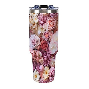 Colorful Yellow Red Rose Flower 40 Oz Stainless Steel Cup Travel Tumbler with Handle and Straw Lightweight Coffee Mug for Home Office