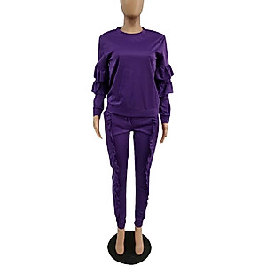 Akmipoem Casual Ruffle Two Piece Outfits Pullover Tops and Pants Jumpsuit Set for Ladies Purple XL