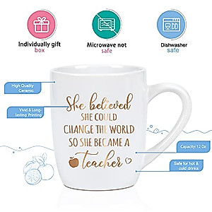Maustic Teacher Gifts for Women, She Believed She Could Change the World So She Became A Teacher Coffee Mug, Teacher Appreciation Gifts for Teachers Day, Christmas, Birthday, 12 Oz White