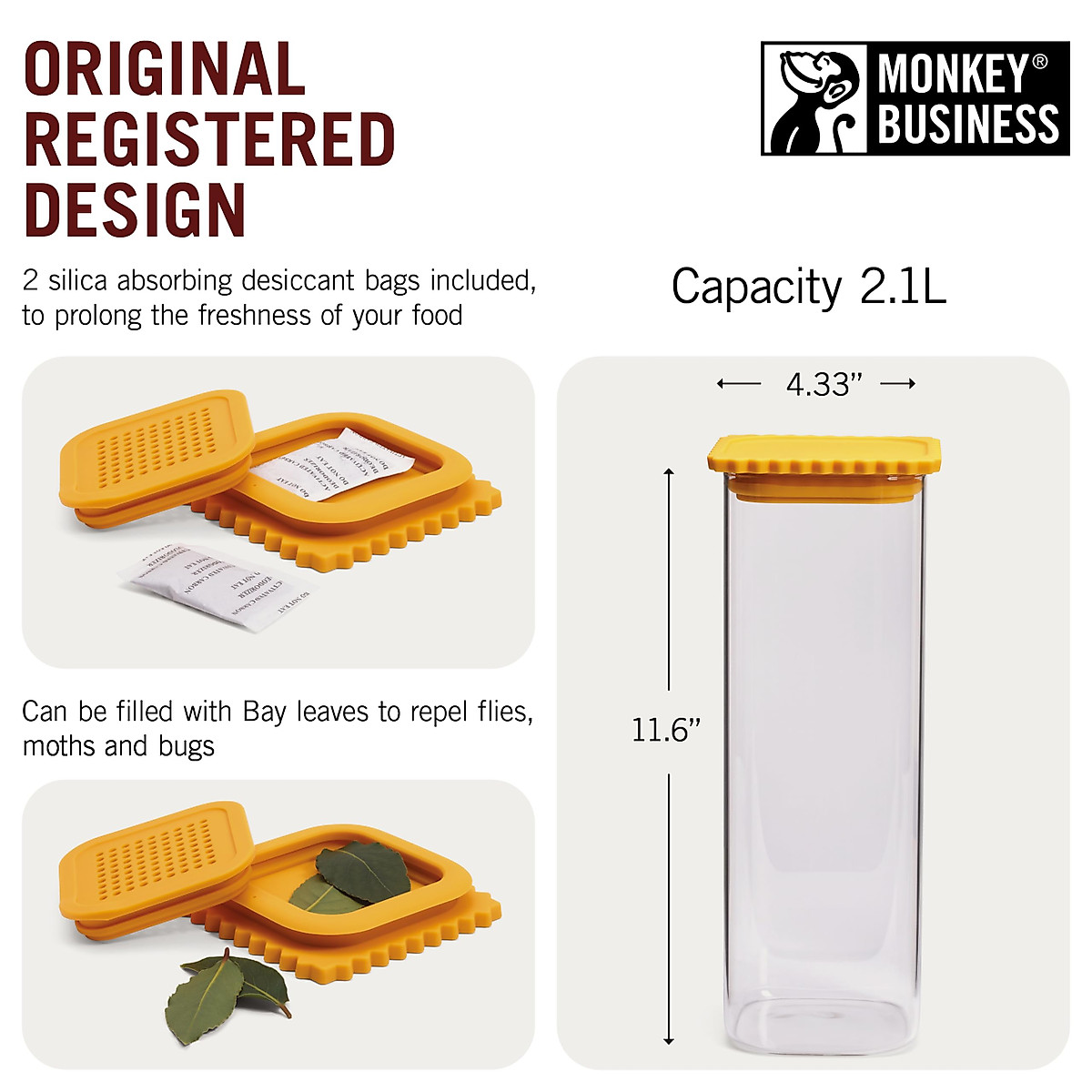 Monkey Business GLASTA Glass Food Container with Airtight Lid, Clear Glass Food Storage Jar with Silicone Lid and Moisture Absorber, Pantry Containers for Pasta Coffee Cereal (1 Pack)