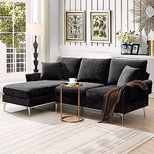 84" Convertible Sectional Couches for Living Room Sets, Chenille L Shaped Modular Couch with Reversible Lounge, L Shape Couch with Reversible Chaise, 4 Seat Sectional Sofa for Living Room Set, Black