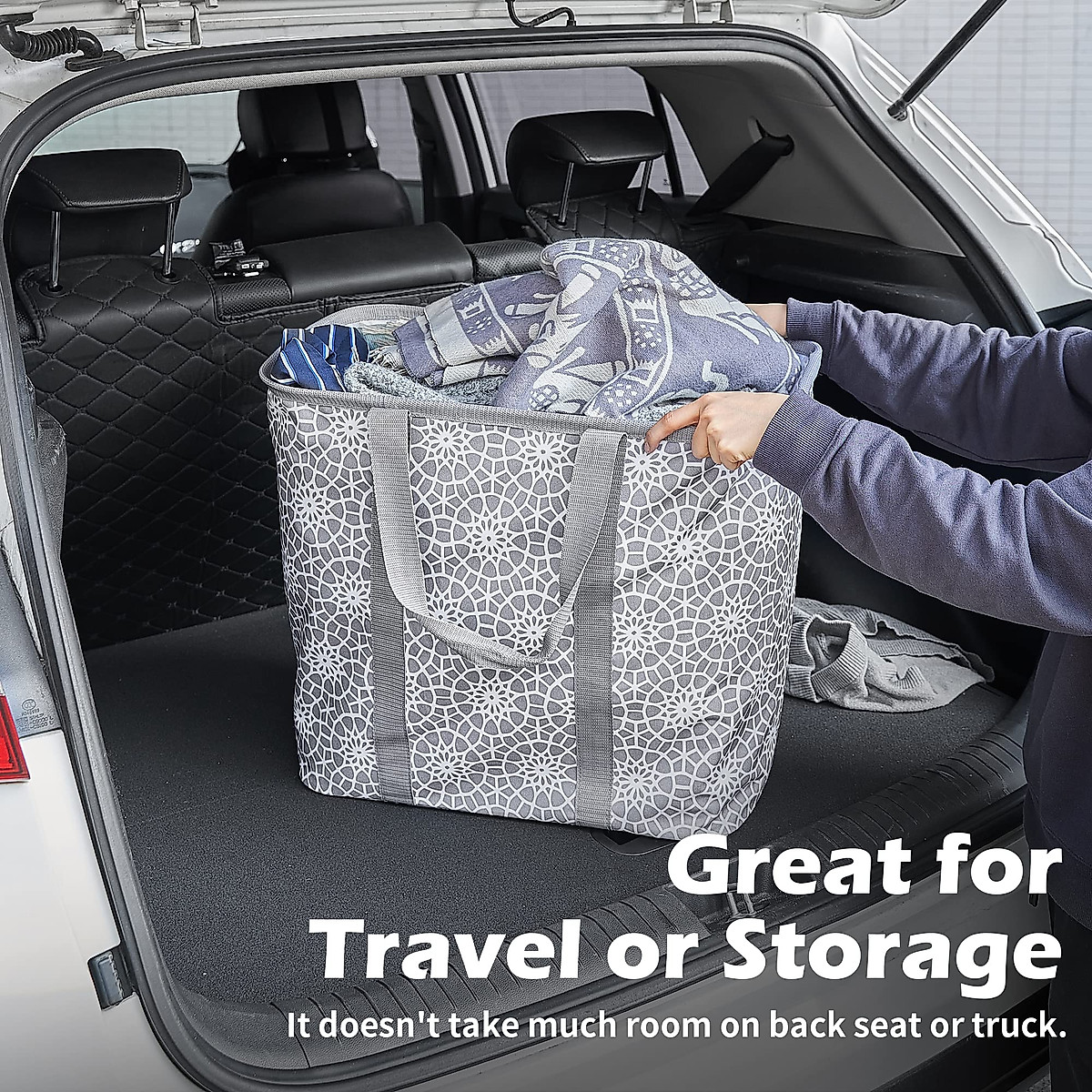 YOHOM Portable Laundry Caddy, Collapsible Basket Tote, Space-Saving Foldable Laundry Hamper, Pop-Up Storage Basket with Long Carry Handles for Dorm Dirty Clothes (Gray Flower, Large)