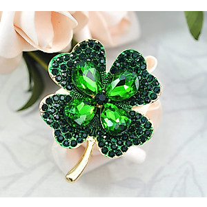 Gyn&Joy Green Crystal Lucky Four Leaf Clover Shamrock Brooch Pin