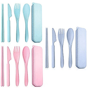 Teivio Reusable Portable Travel Utensils Silverware Forks Spoons Knives & Chopstick, Set of 3 for Camping Wheat Straw Plastic with Storage Case (Pink/Blue/Green)