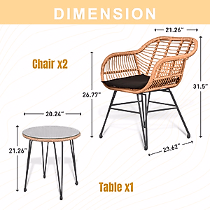 Tappio 3 Piece Outdoor Wicker Furniture Patio Bistro Set, Balcony Furniture Rattan Conversation Sets, Outdoor Patio Chairs Set for Porch Poolside Garden, Black