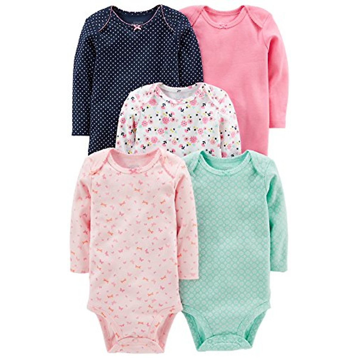 Simple Joys by Carter's Baby Girls' 5-Pack Long-Sleeve Bodysuit, Mint Green/Navy Dots/Pink/Butterflies/Floral, 3-6 Months