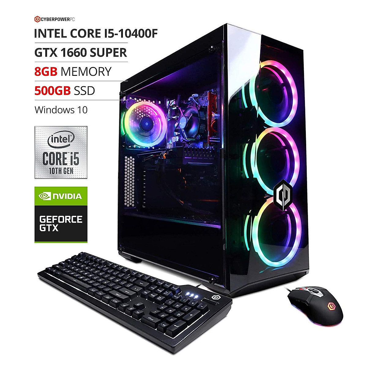 CyberpowerPC Gamer Xtreme VR Gaming PC, Intel i5-10400F 2.9GHz, GeForce GTX 1660 Super 6GB, 8GB DDR4, 500GB NVMe SSD, Wi-Fi Ready & Windows 10 Home (GXiVR8060A9)