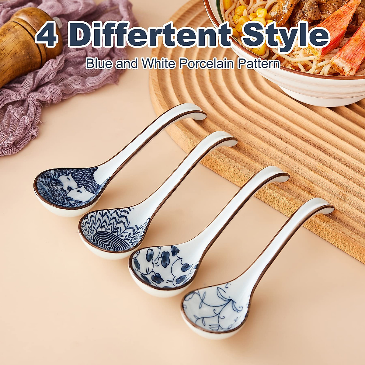 Hoilse Soup Spoons Set of 4,Asian Soup Spoon Ceramic Ramen Spoons, Japanese Soup Spoon Long Handle Perfect Depth for Dumpling, Pho, Noodles, Miso, Chinese Wonton, Dishwasher Safe