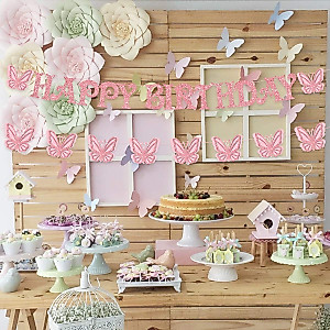 Butterfly Birthday Banner for Girls Butterfly Happy Birthday Decorations - Pink Butterfly Banner Garland Fairy Garden Floral Party Supplies for Women