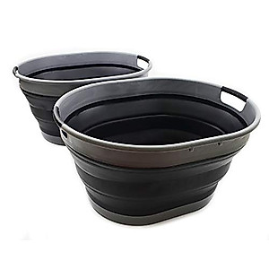 SAMMART 25L(6.6 Gallon) Collapsible Plastic Laundry Basket-Oval Tub/Basket-Foldable Storage Container-Portable Washing Tub-Space Saving Laundry Hamper, Water Capacity 20L(5.28 Gallon)(2, Grey/Black)