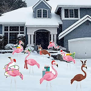 8 Pieces Flamingo Christmas Yard Signs Stakes Pink Flamingo Lawn Decorations Summer Tropical Flamingo Yard Decorations for Outdoor Garden Home Xmas Party