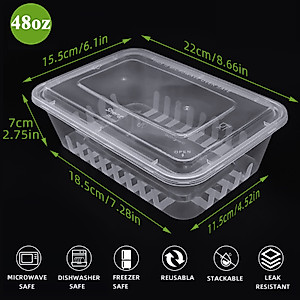 [50 PACK 50OZ] Disposable Meal Prep Container Large For Food, Plastic Storage Containers with Lids Freezer Microwave Dishwash Safe, Clear Bento Box Stackable BPA Free Reusable 1500ml