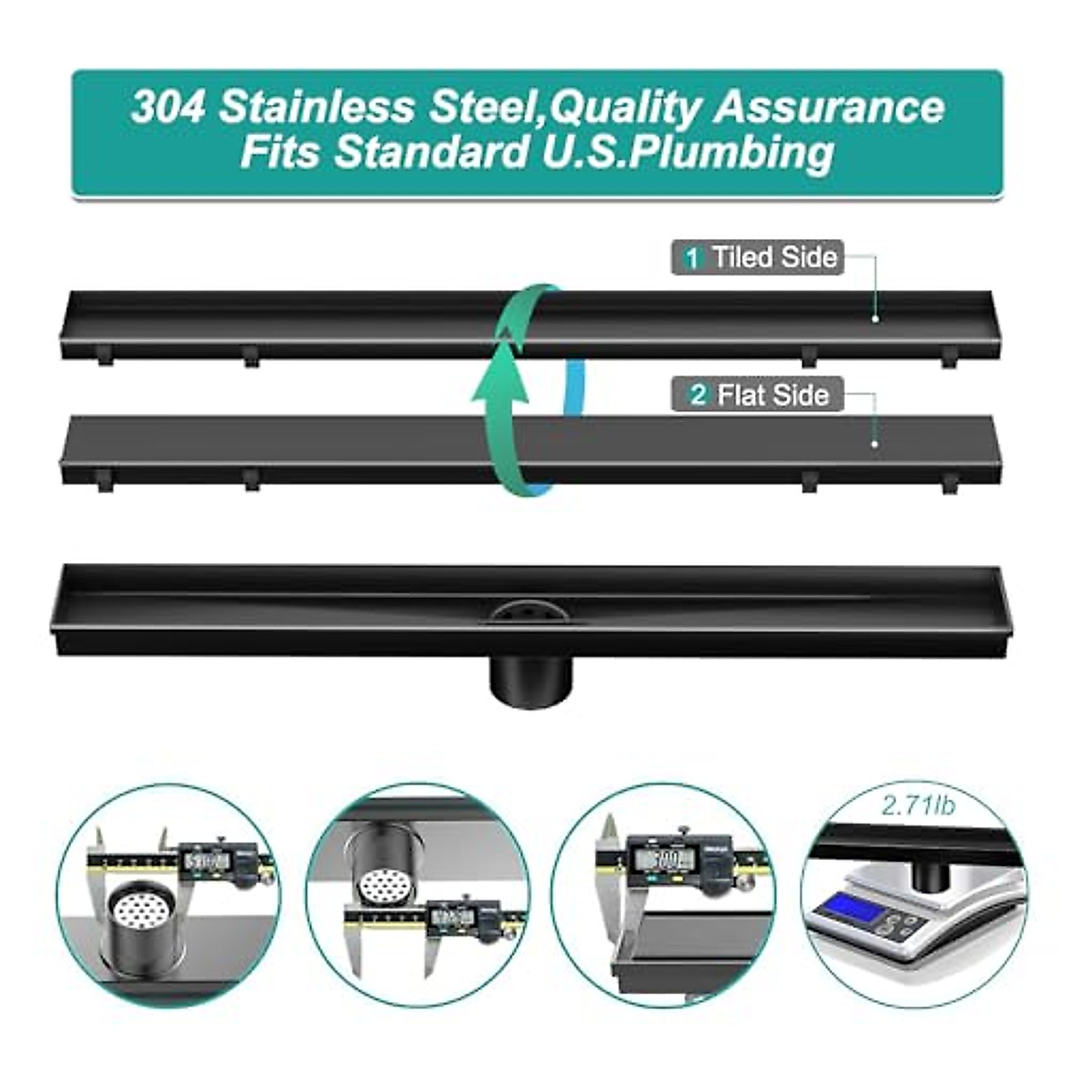 BARONAGE 24-Inch Linear Shower Drain, with 2-in-1 Flat & Tile, Insert Cover Black Brushed 304 Stainless Steel Rectangle Shower Floor Drain Adjustable