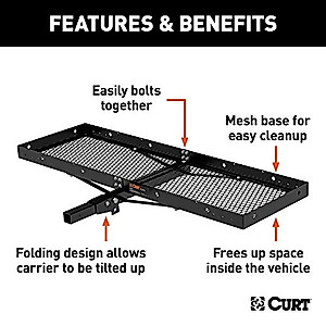CURT 18109 60 x 20-Inch Tray Hitch Cargo Carrier, 500 lbs Capacity, Black Steel, 2-in Folding Shank