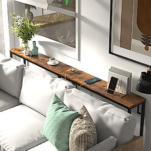 Leomonio 7.9” Narrow Console Table with Outlet, 70.9” Skinny Sofa Table Narrow Long Behind Couch, Industrial Narrow Table with Hooks for Hallway, Entryway and Living Room, Vintage Brown