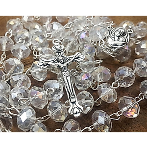 Nazareth Store White Clear Crystal Beads Rosary Prayer Beaded Necklace with Holy Soil Medal and Jesus Cross Communion Rosary