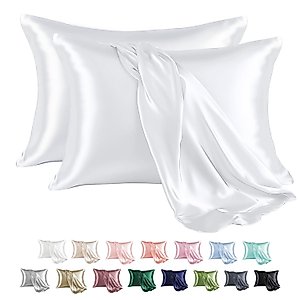 MR&HM Satin Pillowcase for Hair and Skin, Silk Satin Pillowcase 2 Pack, Standard Size Pillow Cases Set of 2, Silky Pillow Cover with Envelope Closure (20x26, White)