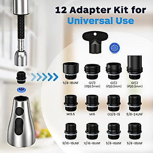 Kitchen Faucet Head Replacement 3 Modes with 12 Adapters, Pull Down Spray Head for Kitchen Faucet, Kitchen Sink Faucet Head G 1/2, Sprayer Head Replacement, Compatible with Moen，Delta, Kohler Faucets