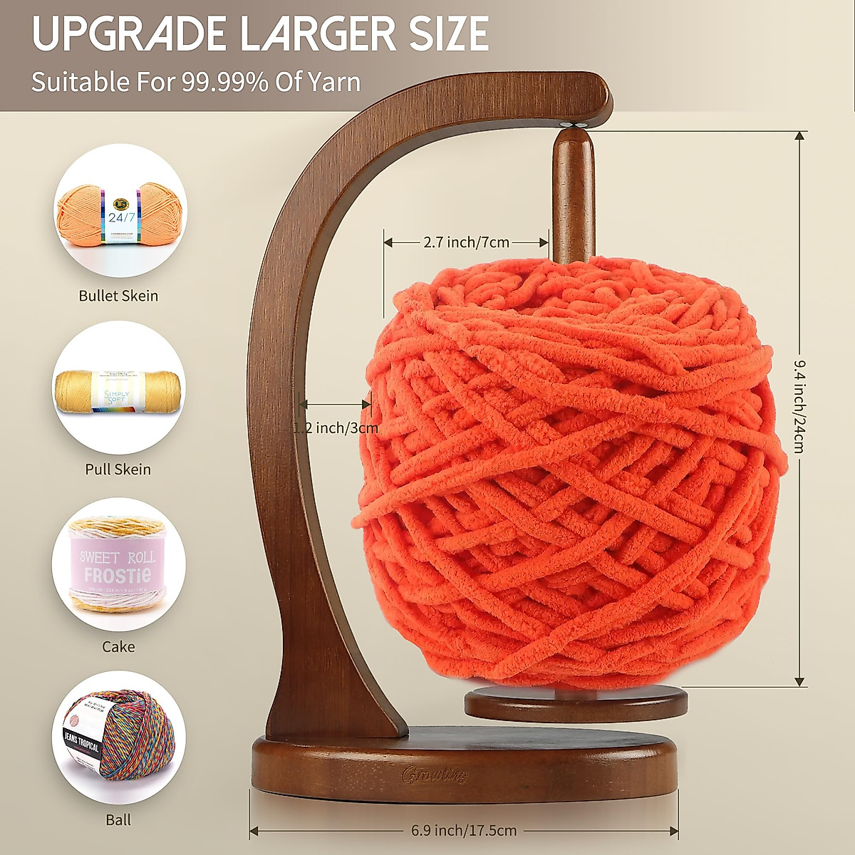 Wooden Yarn Holder for Crocheting, Upgrade Larger Size & Magnetic, Rotating Pendulum Yarn Ball Dispenser Stand, Yarn Spinner as Surprise Gift for Knitting Lovers (Walnut)