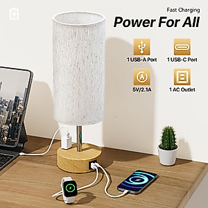 KPQ 【Upgraded】 Bedside Lamp Touch Control Table Lamp with USB A+C Charging Ports & AC Outlet 3-Way Dimmable Nightstand Lamp with Linen Fabric Shade for Bedroom Living Room(E26 Light Bulb Included)