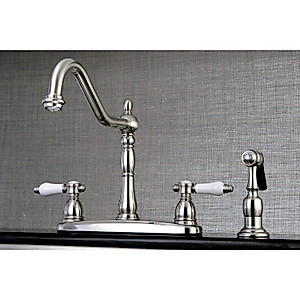 Kingston Brass Vintage Porcelain 8-inch Centerset Kitchen Faucet with Side Sprayer Satin Nickel Satin