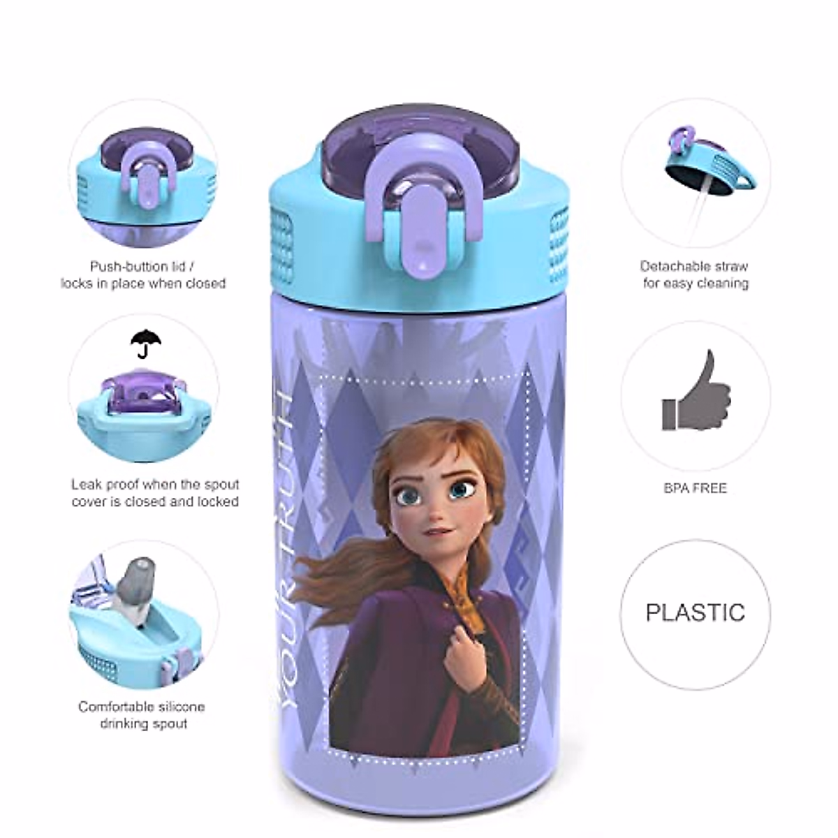 Zak Designs Disney Frozen 2 Kids Water Bottle Set with Reusable Straws and Built in Carrying Loops, Made of Plastic, Leak-Proof Water Bottle Designs (Elsa & Anna, 16 oz, BPA-Free, 2pc Set)