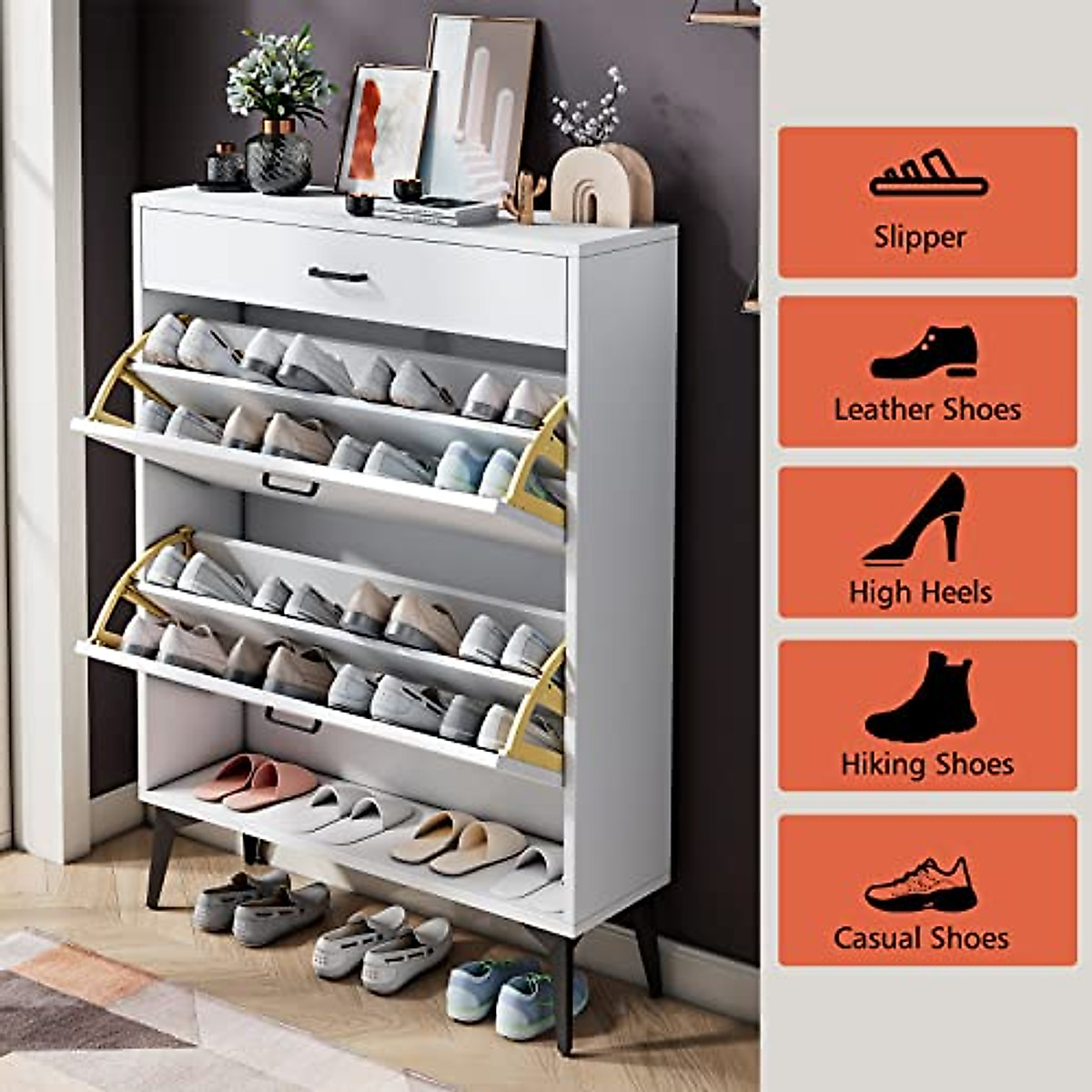 ME2 Shoe Cabinet for Entryway with 1 Slide Drawer & 2 Flip Drawers, Freestanding Shoe Rack Storage Organizer (White)
