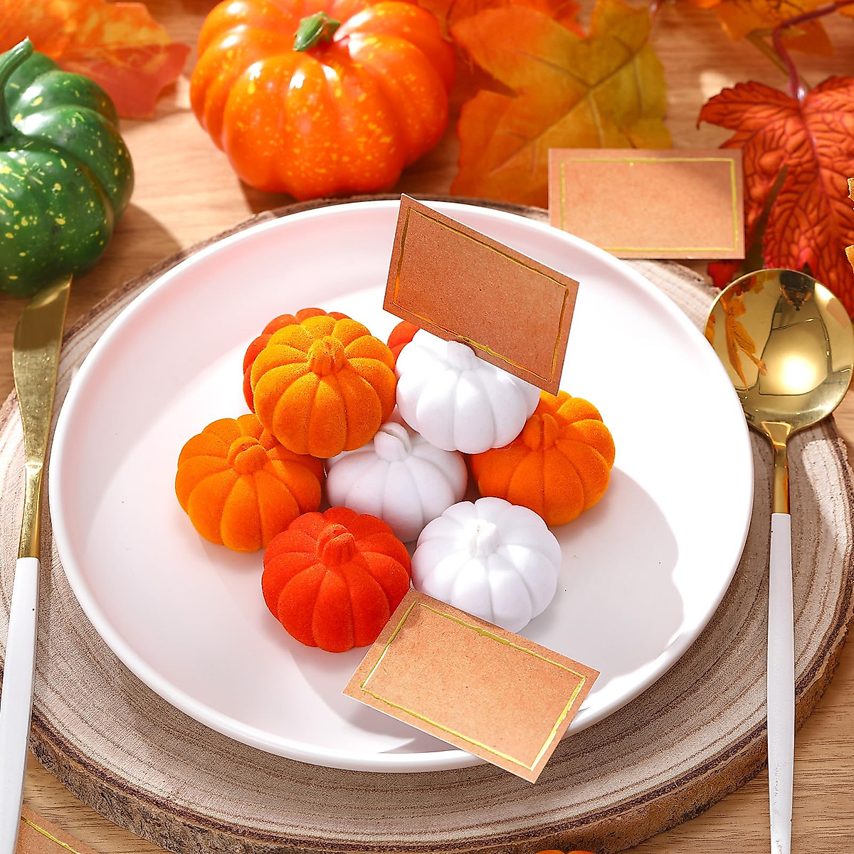 Wonderjune 12 Sets Artificial Pumpkins Harvest Fall Autumn Decoration with Card Thanksgiving Table Decor for Fall Themed Party(Orange, Brown, White)